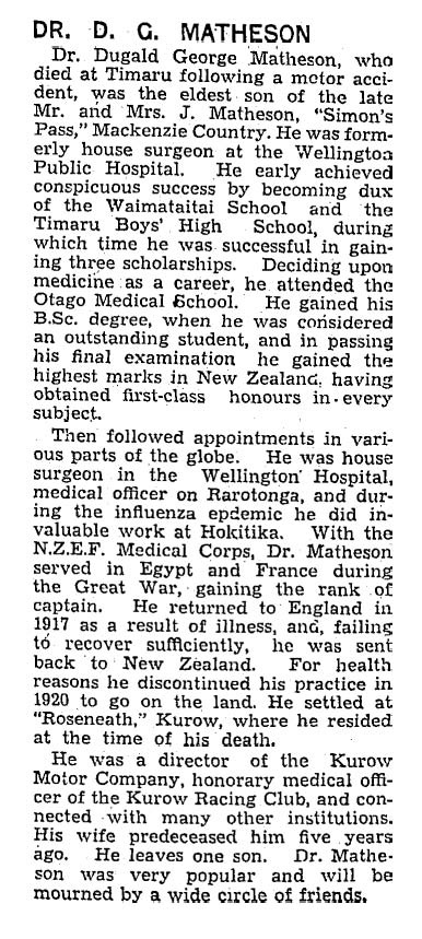 Documents: Dugald George Matheson obituary New Zealand Evening Post, 22 ...